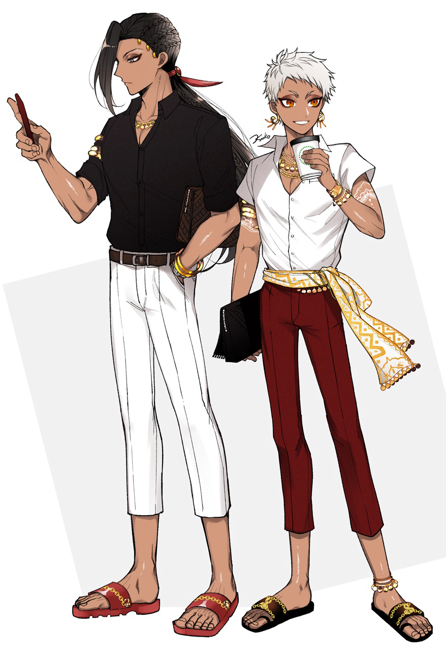 Safebooru - 2boys black shirt brown hair cellphone commentary request ...