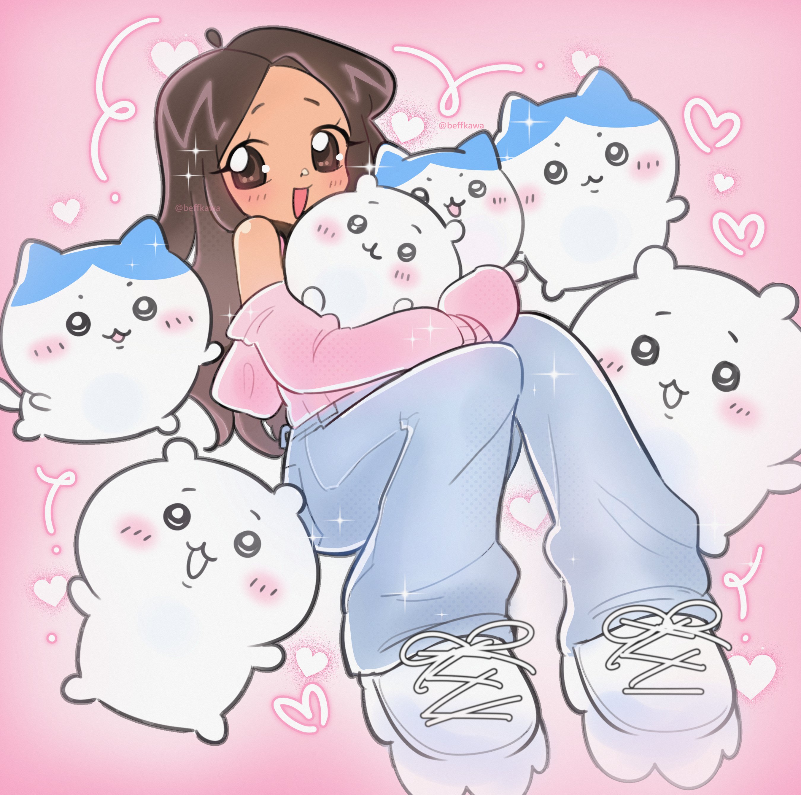 Safebooru - 1girl :3 absurdres beffkawa blue pants brown eyes brown hair commentary dark-skinned ...