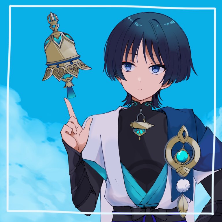 Safebooru - 1boy aqua sleeves bell belt black belt black bodysuit black bow black hair blue cape ...