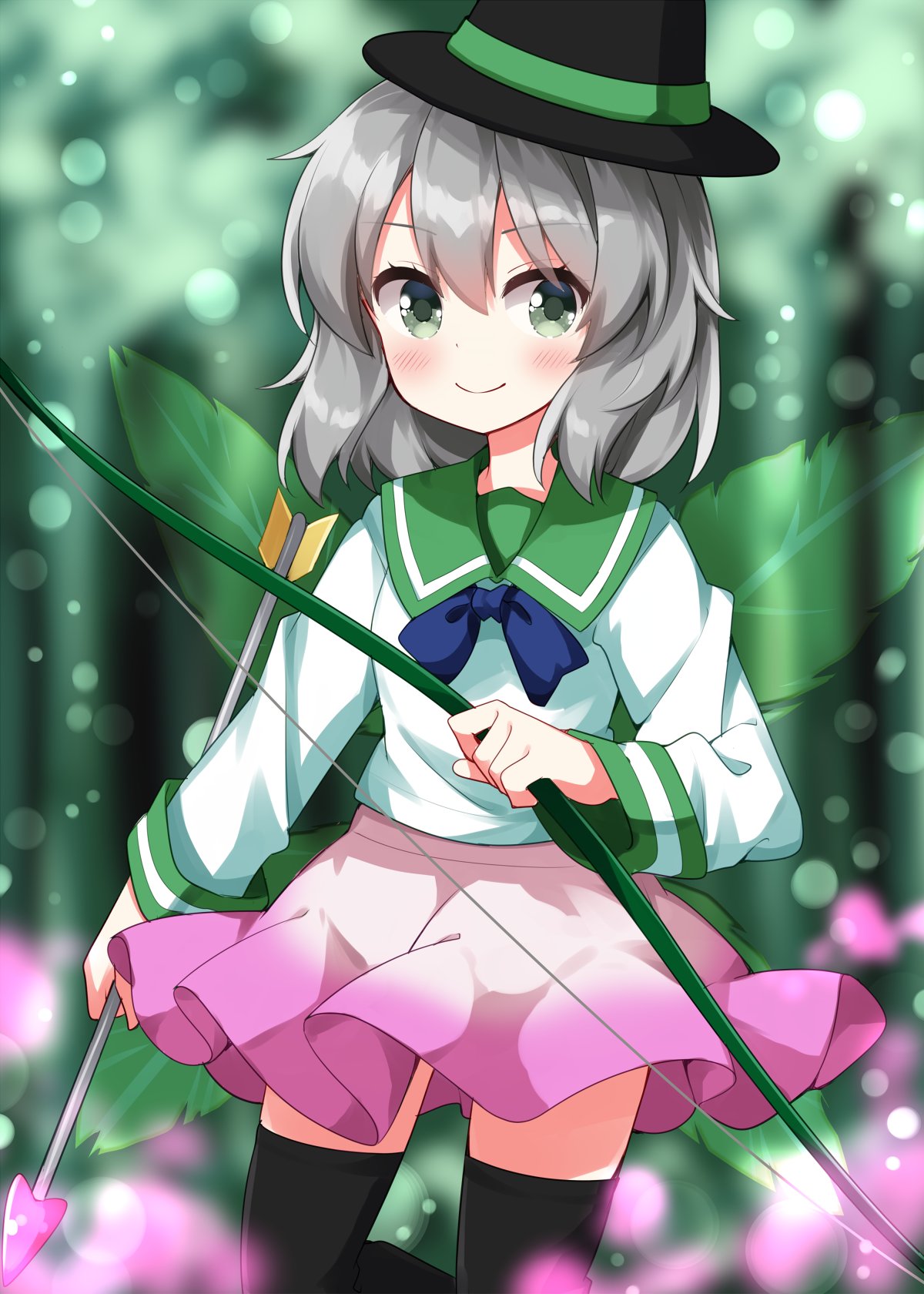 Safebooru - 1girl arrow (projectile) black hat black thighhighs blush bow bow (weapon) bowtie ...