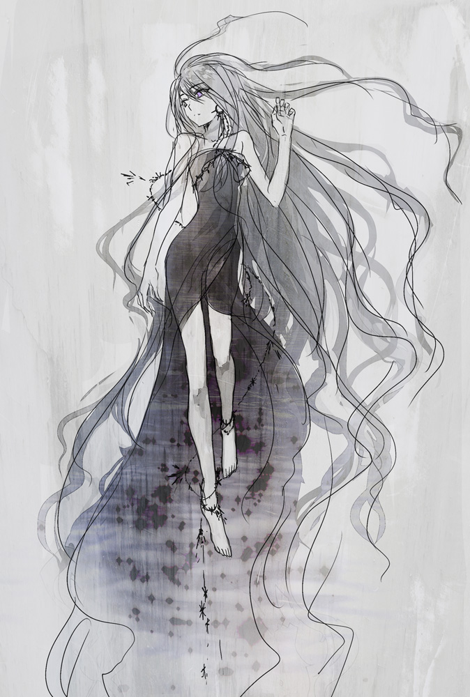 Safebooru - 1girl barbed wire bare legs bare shoulders barefoot black dress dress facing viewer ...