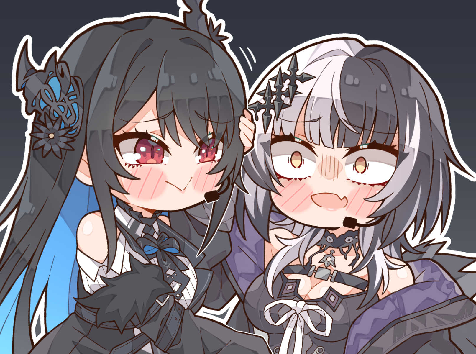 Safebooru - 2girls :> asymmetrical horns black choker black hair blue hair blush stickers ...