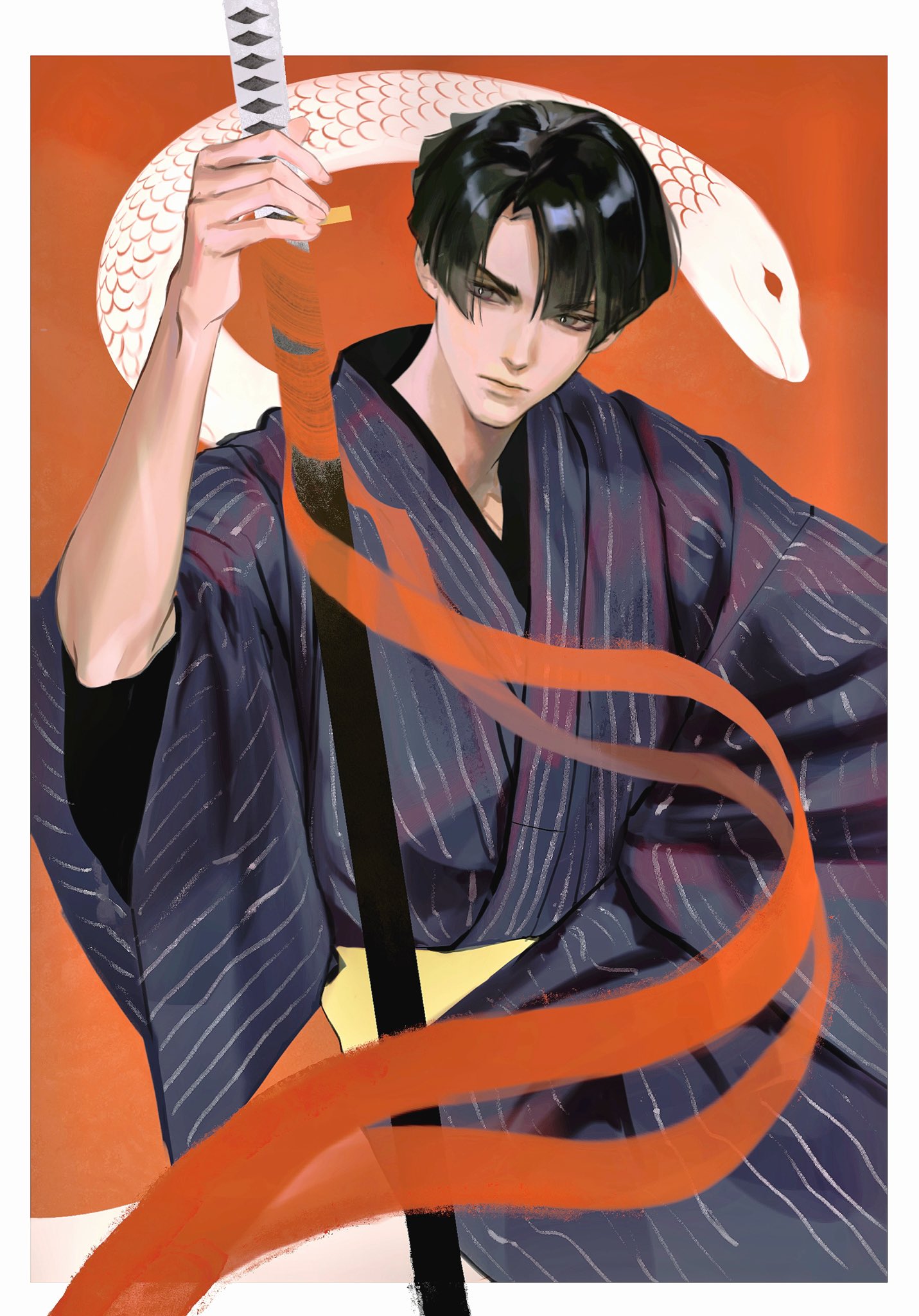 Safebooru - 1boy ace attorney animal arm up black hair blue kimono border closed mouth cowboy ...