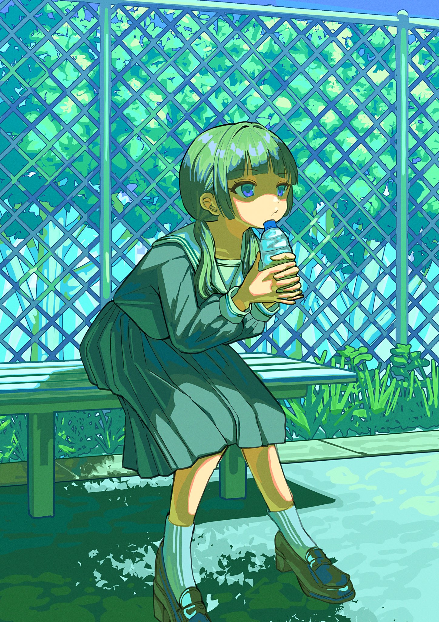 Safebooru - 1girl blue eyes bottle chain-link fence day fence grey ...