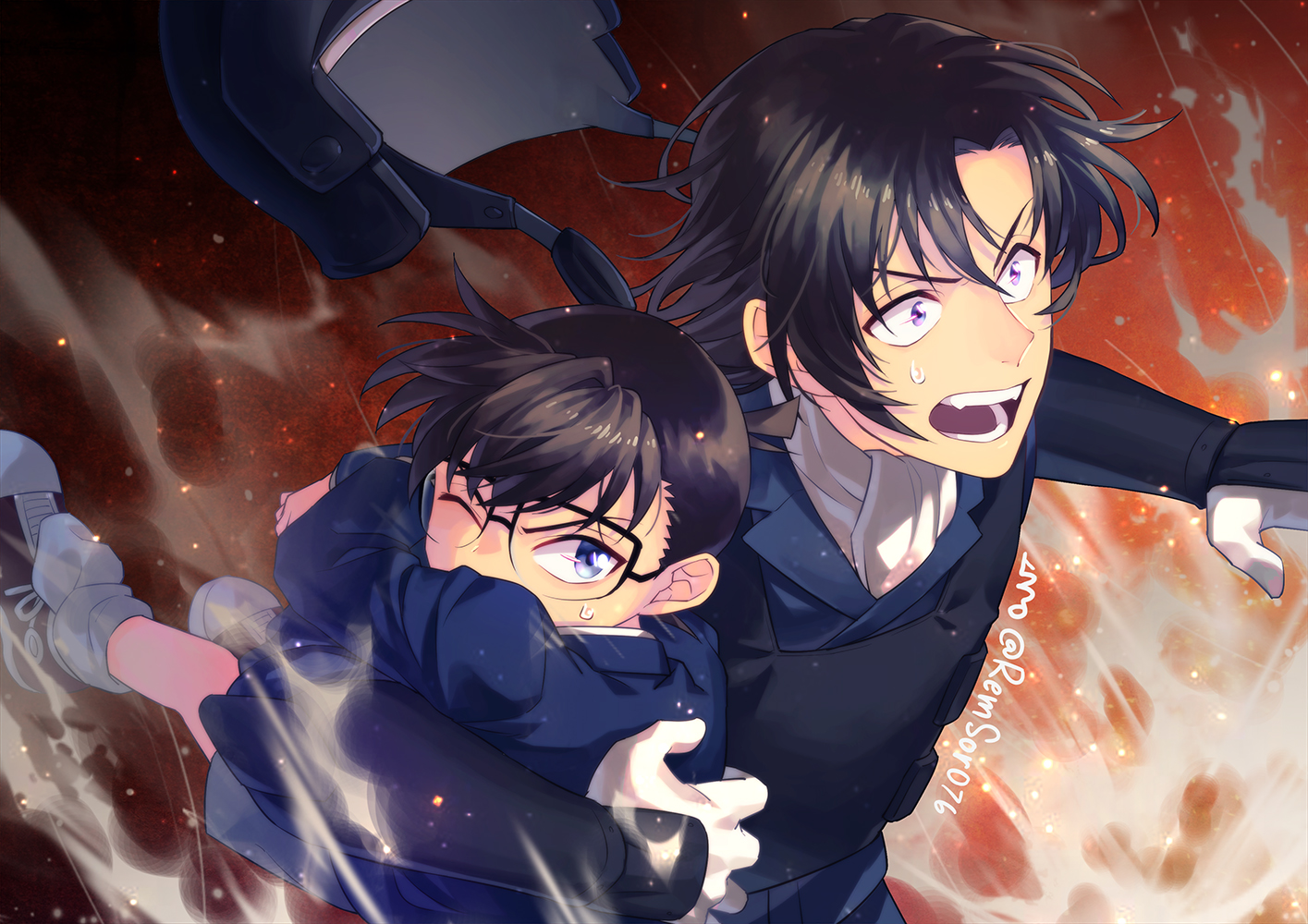 Safebooru - 2boys ascot black hair blazer blue eyes blue jacket brown ...