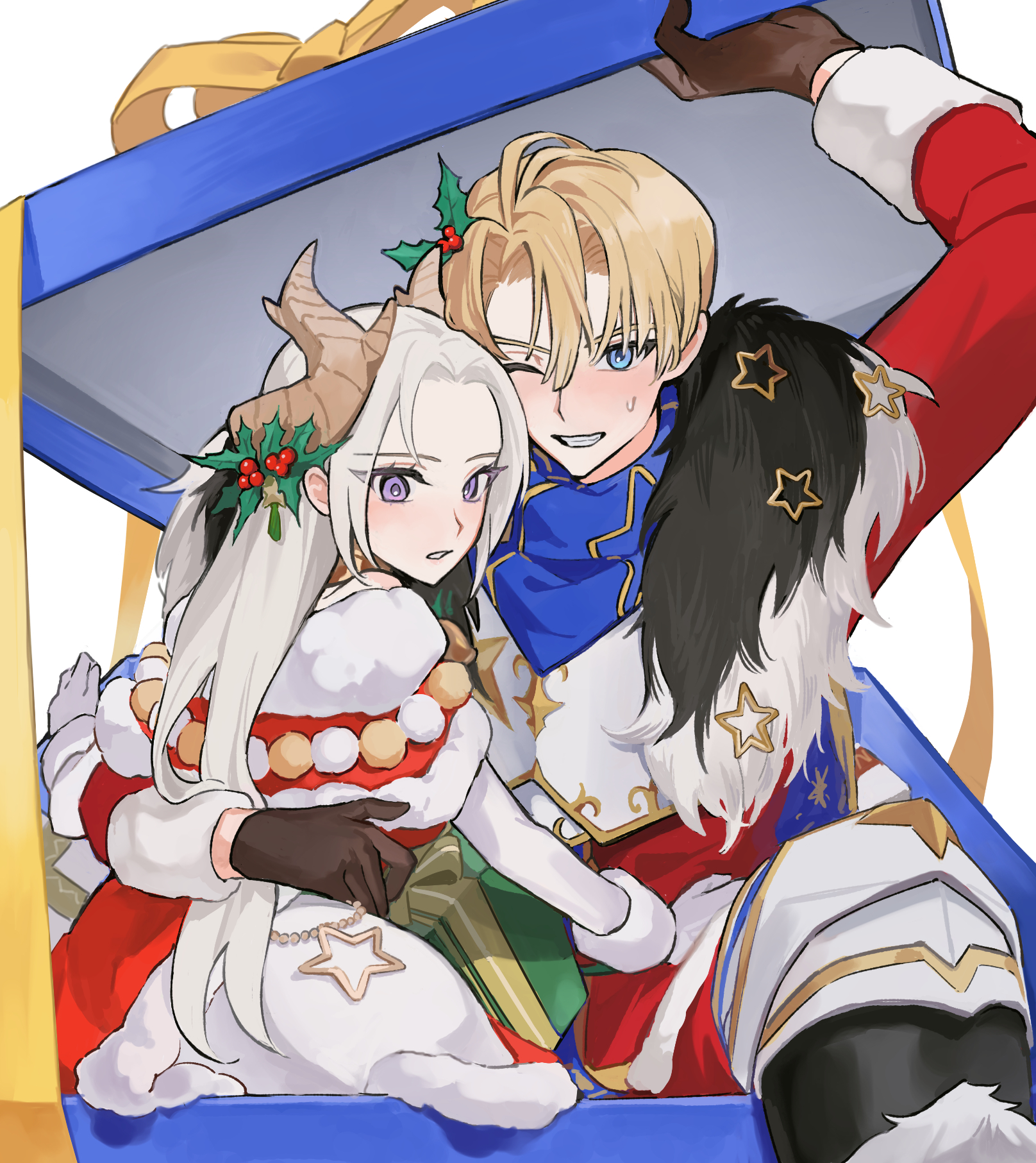 Safebooru - 1boy 1girl arm hug arm up armor bare shoulders blonde hair blue eyes blush box brown ...