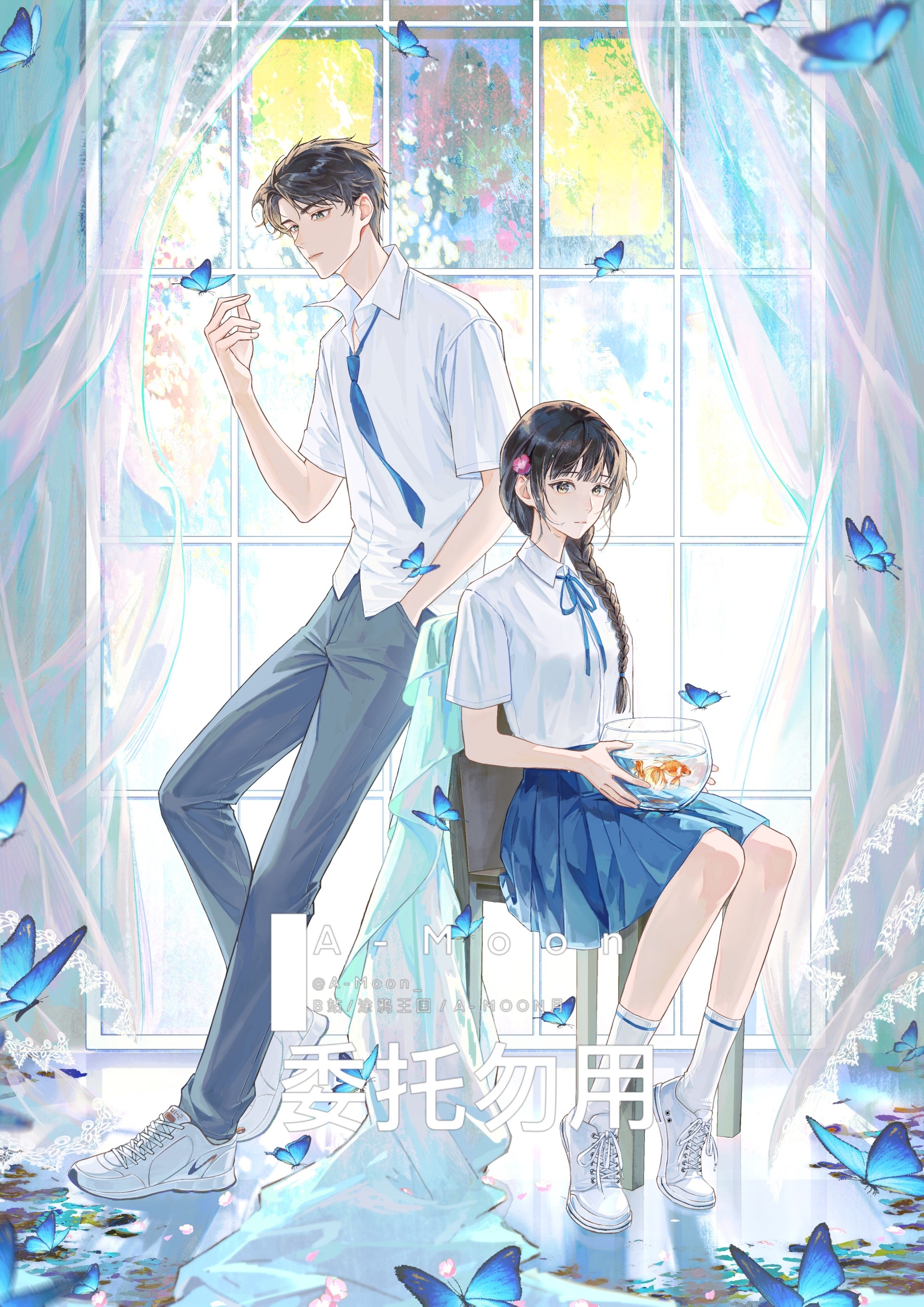 Safebooru - 1boy 1girl a-moon absurdres ankle socks bare arms black hair blue butterfly blue ...