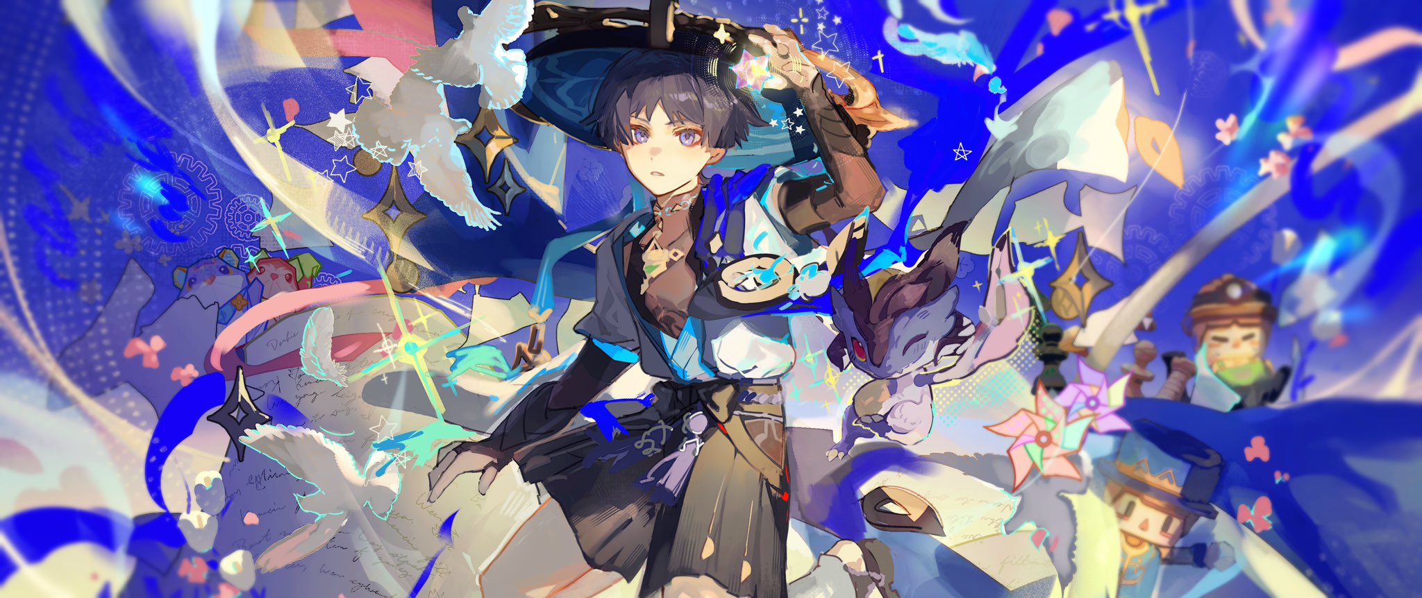 Safebooru - 1boy aqua sleeves armor belt bird black belt black bodysuit black bow black shorts ...