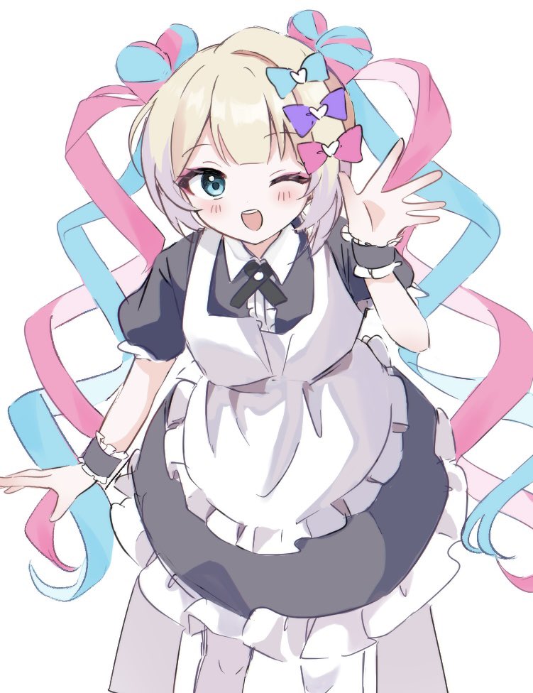 Safebooru - 1girl ;d apron black dress blonde hair blue bow blue eyes blue hair bow ...