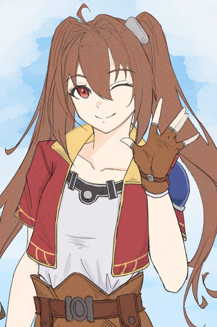 Safebooru - 1girl ahoge antenna hair armor blue background breasts brown gloves brown hair ...