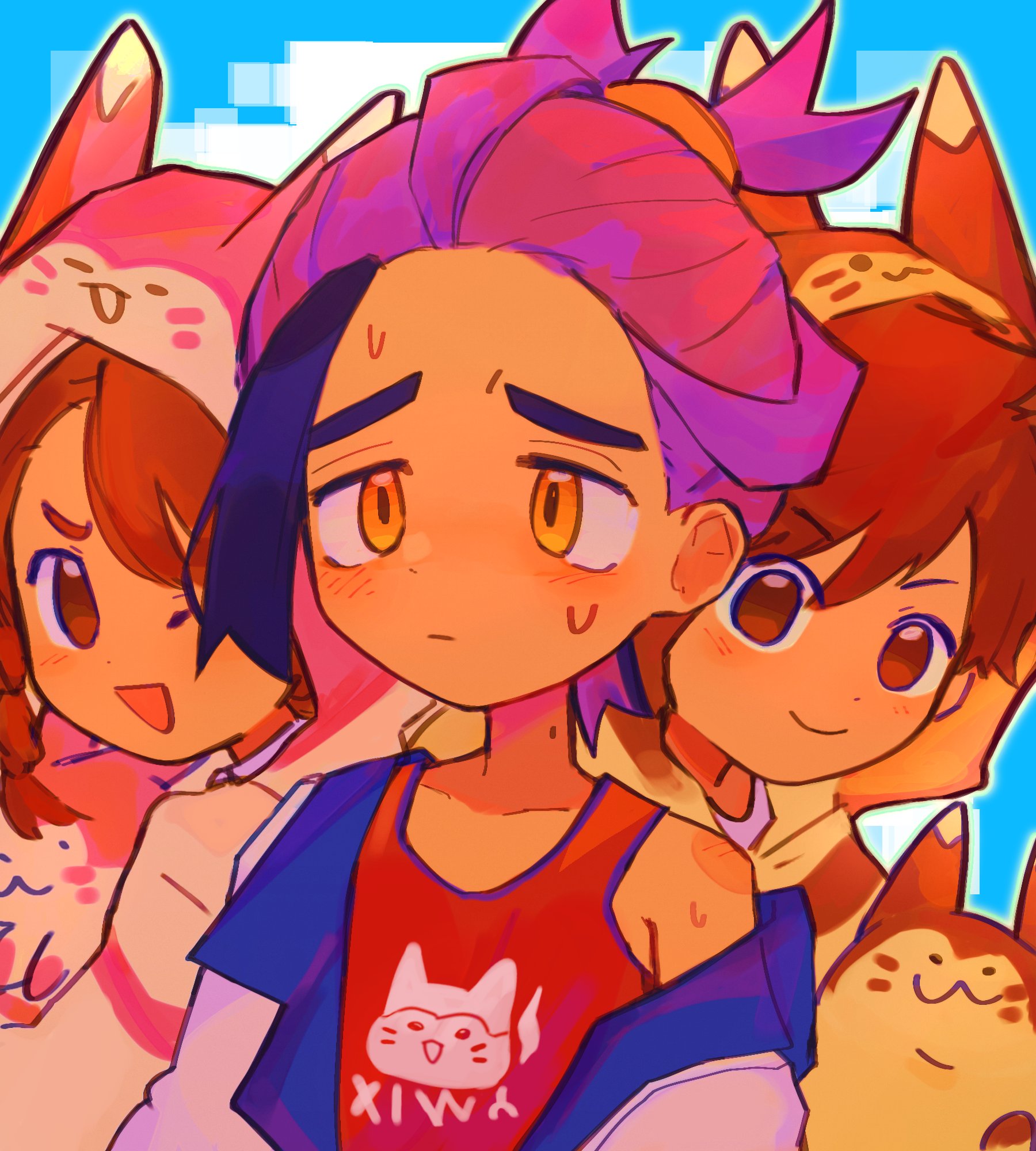 Safebooru - 1girl 2boys :3 black hair blush braid brown eyes brown hair ...