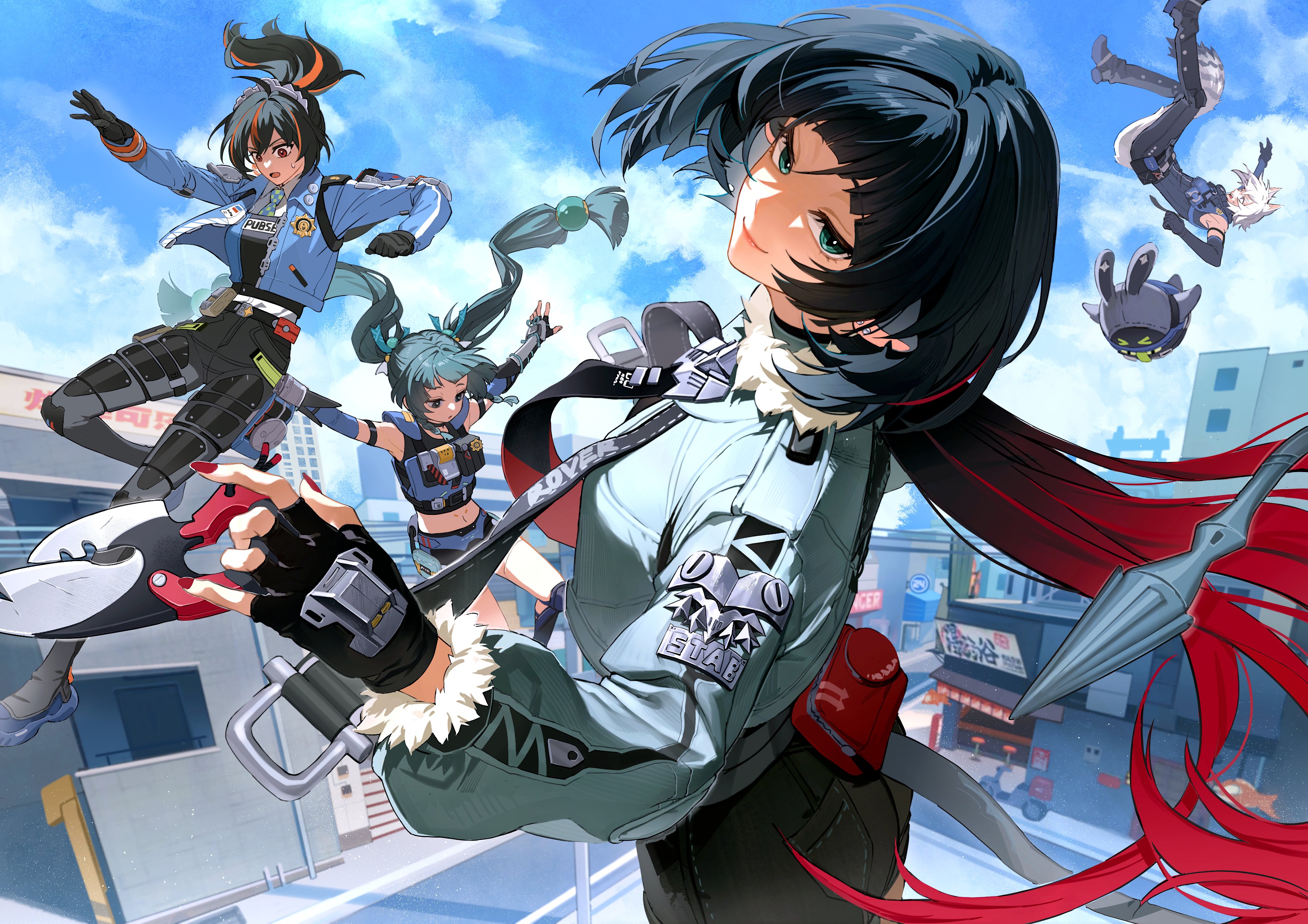 Safebooru - 1boy 3girls absurdres android animal ears black gloves ...