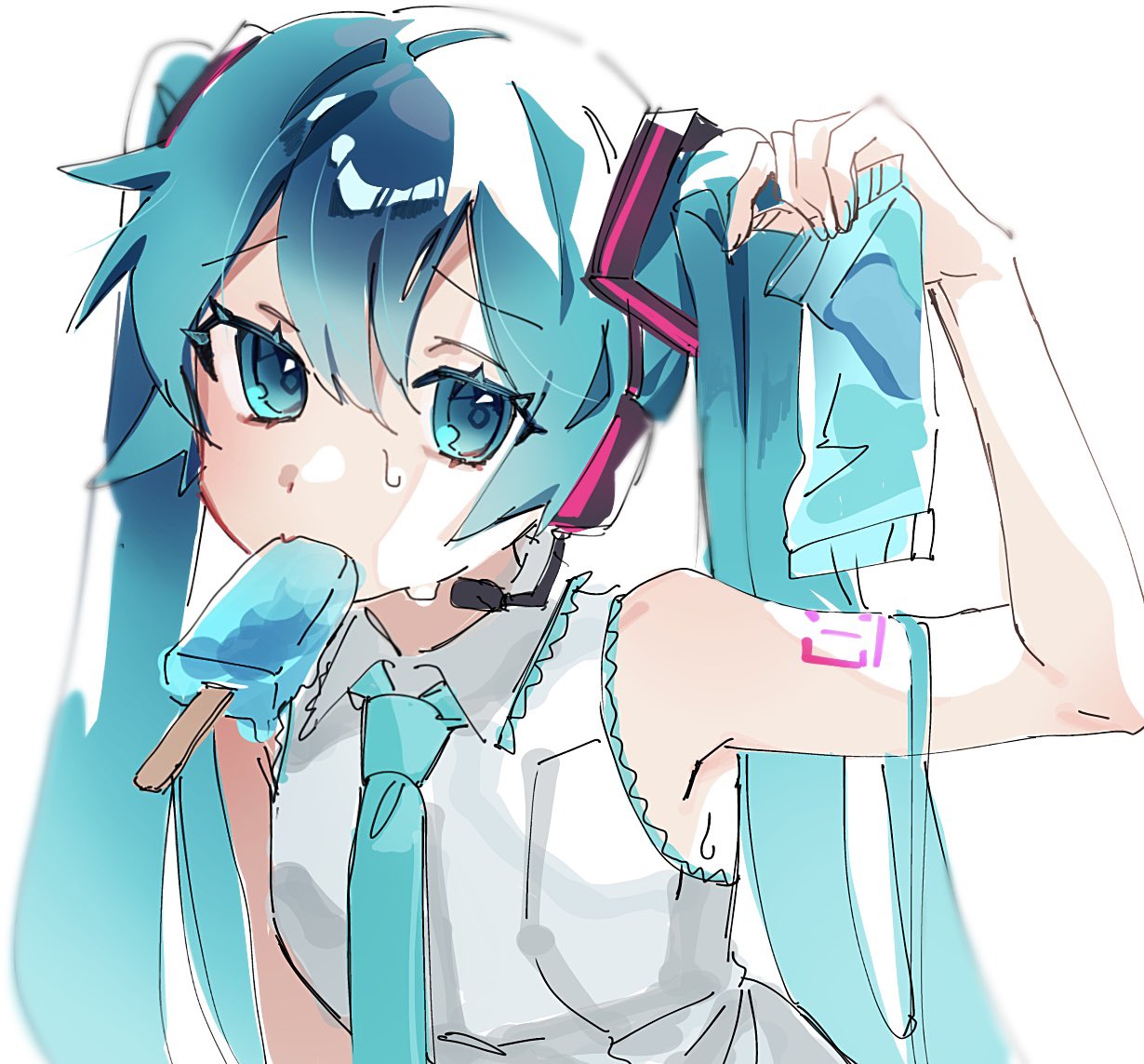 Safebooru - 1girl aqua ascot aqua eyes aqua hair aqua necktie arm tattoo food food in mouth hand ...