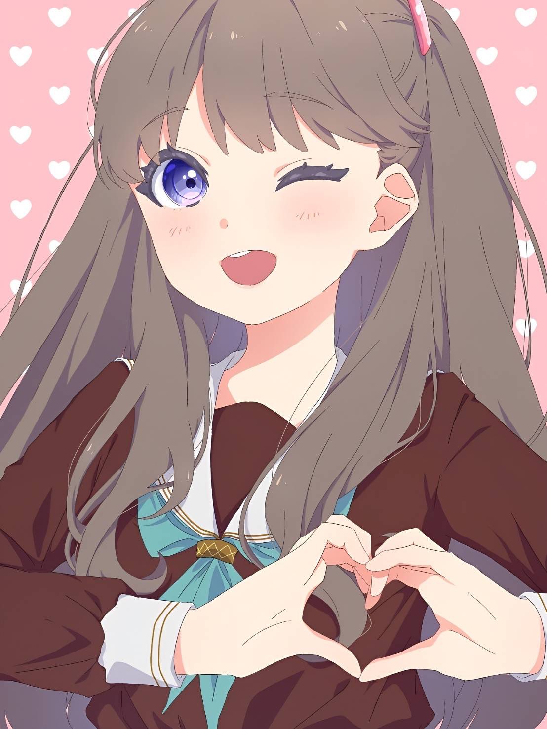 Safebooru - 1girl ;d aqua neckerchief blush brown dress brown hair commentary request dress ...