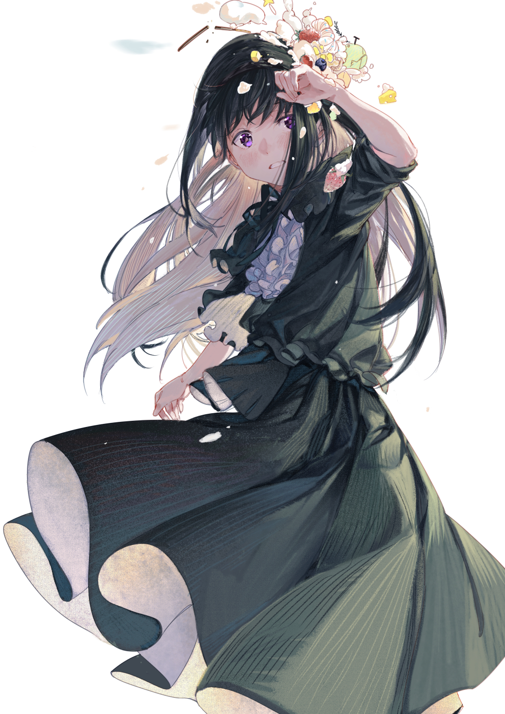 Safebooru - 1girl akemi homura akemi homura (black dress) arm up bare arms black hair black ...