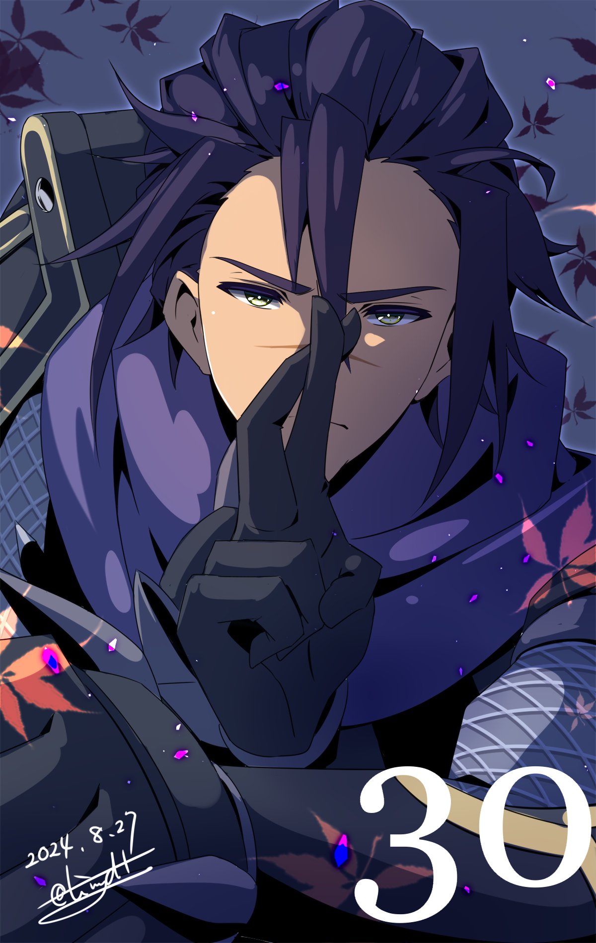 Safebooru - 1boy armor black gloves countdown dated eiyuu densetsu falling leaves gloves hair ...