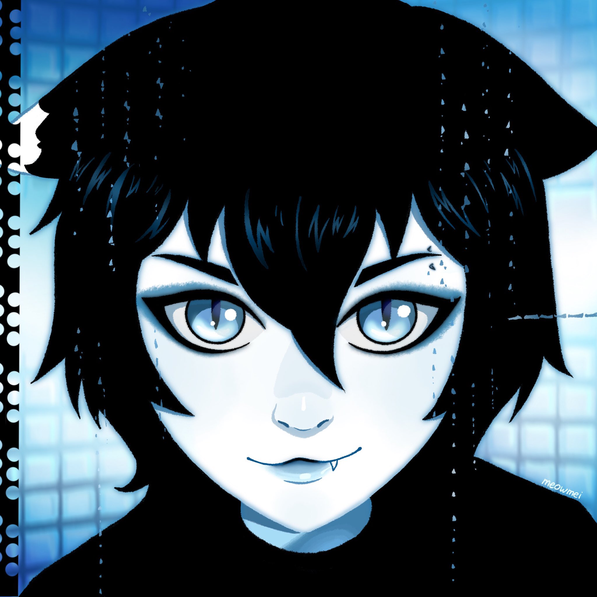 Safebooru - 1girl :3 album cover animal ears artist name black hair blue eyes blue skin cat ears ...