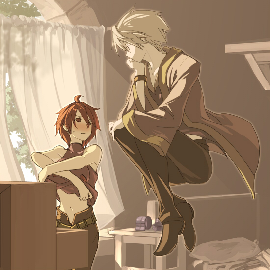 Safebooru - blush chin rest curtains gig grey hair navel red eyes red ...