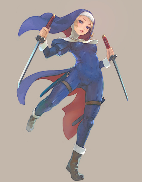 Safebooru - blue eyes coat cross dual wielding habit jewelry katana ...