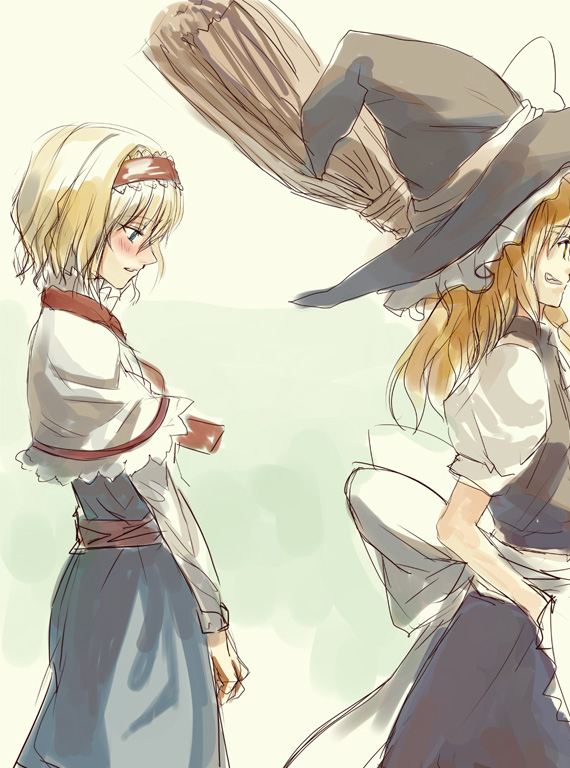Safebooru - alice margatroid blonde hair blush broom face grin hat kirisame marisa looking down ...