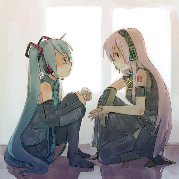 Safebooru - aqua hair boots detached sleeves hatsune miku headset megurine luka multiple girls ...