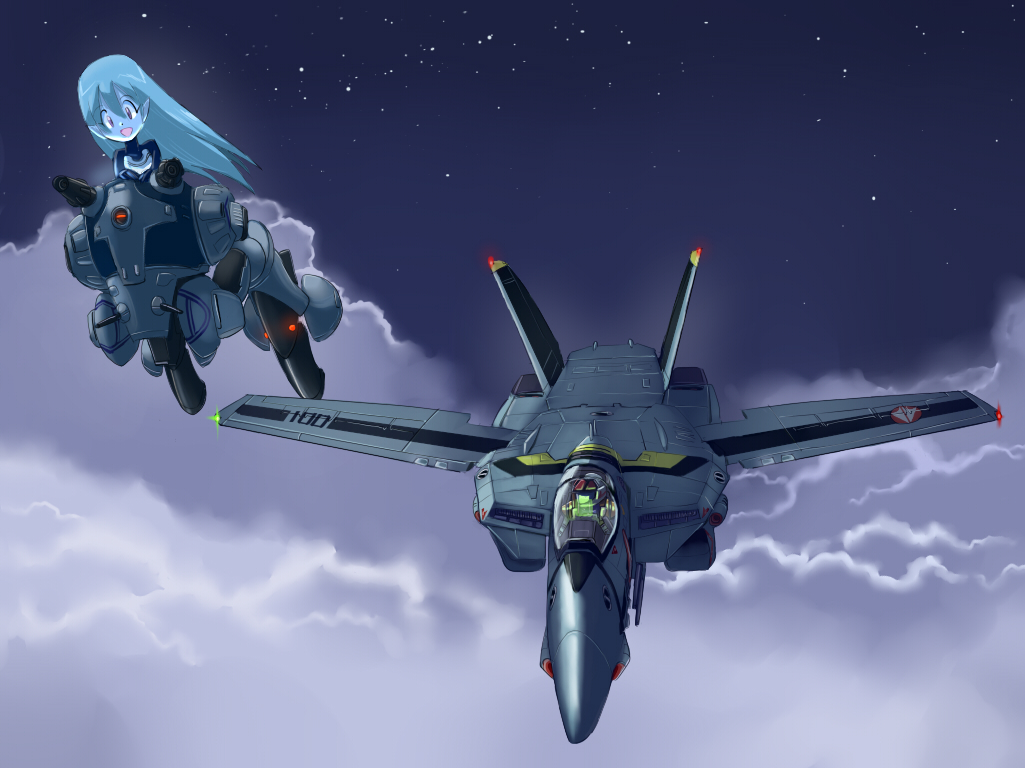 Safebooru - armor choujikuu yousai macross cloud clouds cockpit couple esbeliben flightsuit ...