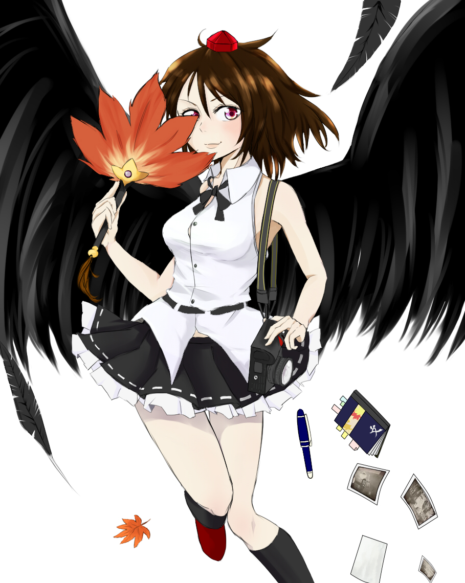 Safebooru - bare shoulders breasts brown hair camera fan feathers leaf ...