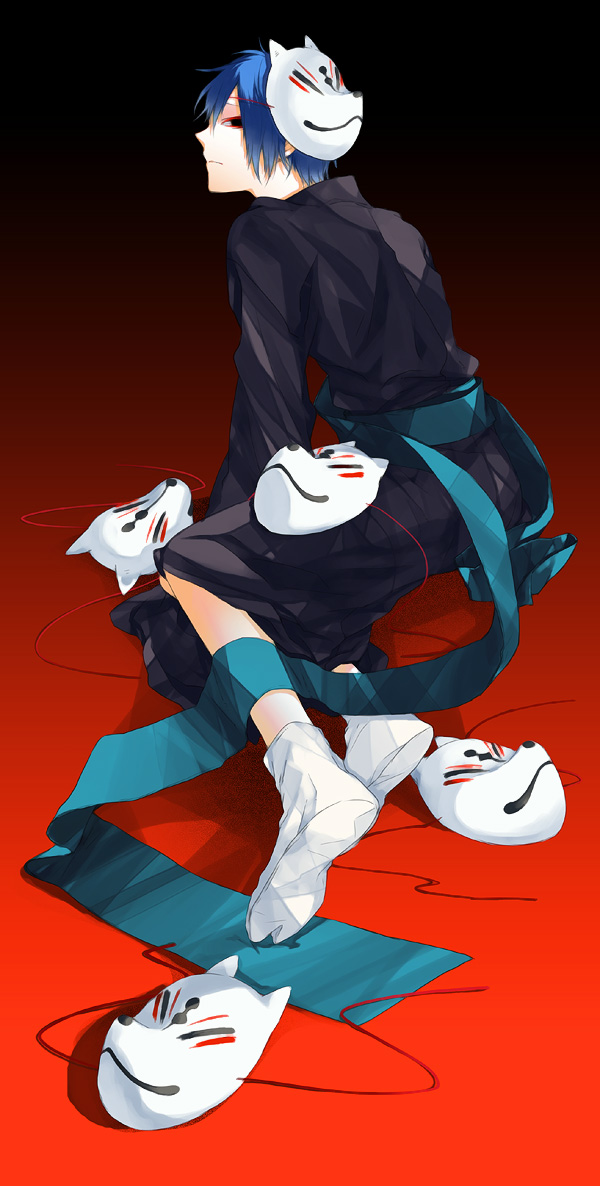Safebooru - akio (89e) black eyes blue hair fox mask japanese clothes ...