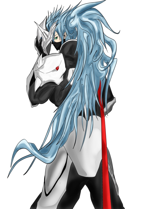 Safebooru - blazblue blue hair green eyes hakumen long hair mask ...