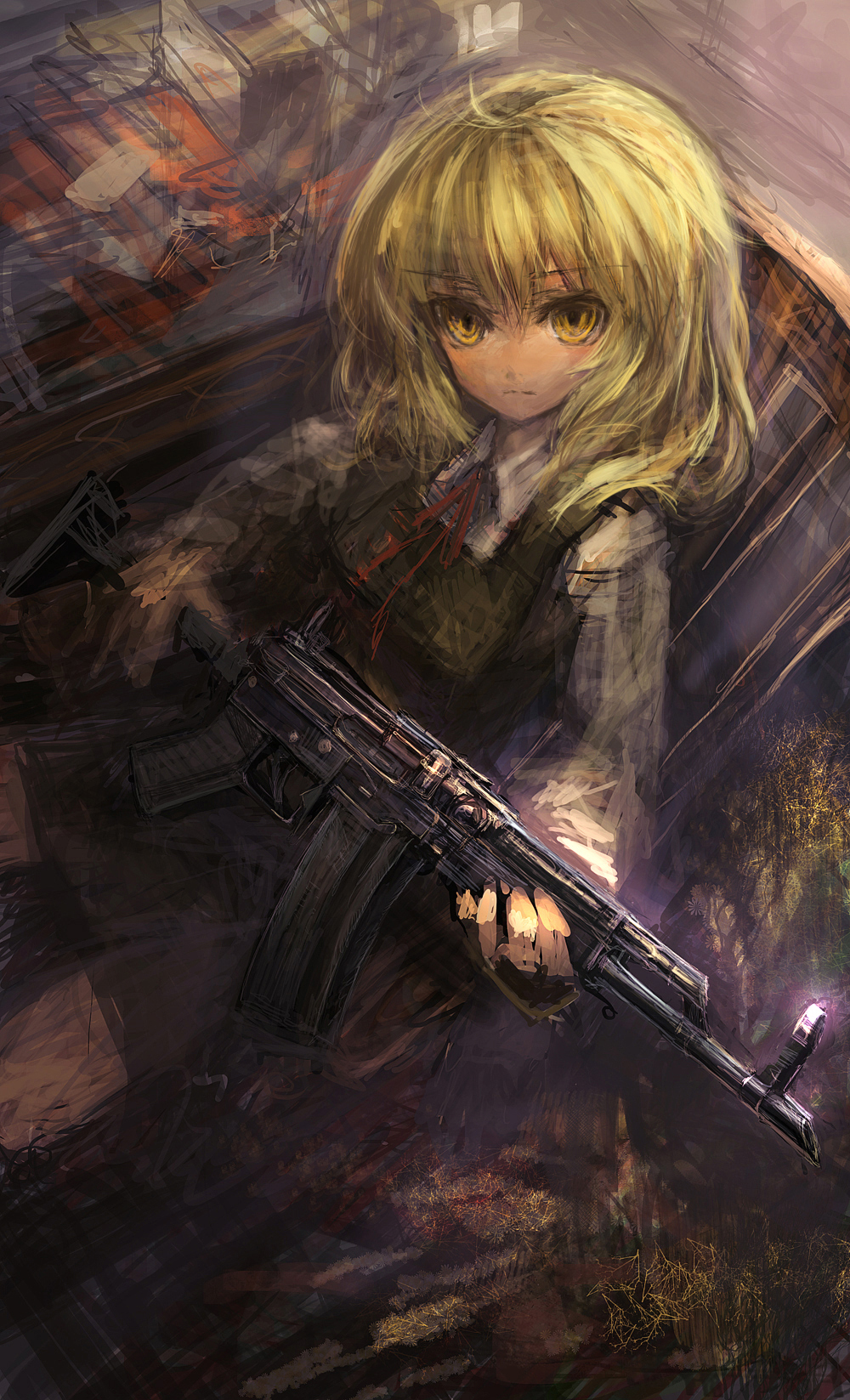 Safebooru - 1girl akm akms assault rifle bad id blonde hair gun highres ...