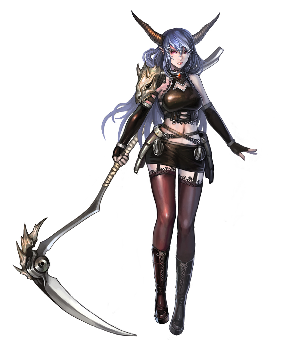 Safebooru - boots garter belt horns legs long hair midriff navel ...