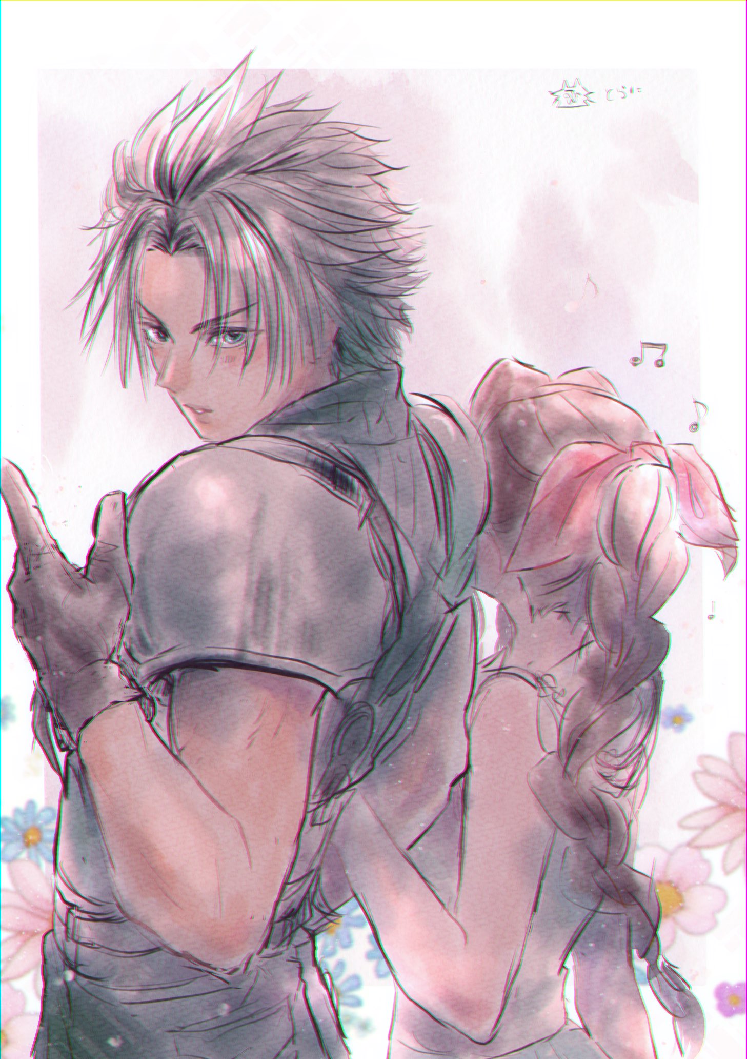 Safebooru - 1boy 1girl aerith gainsborough armor bare shoulders black gloves black hair blue ...