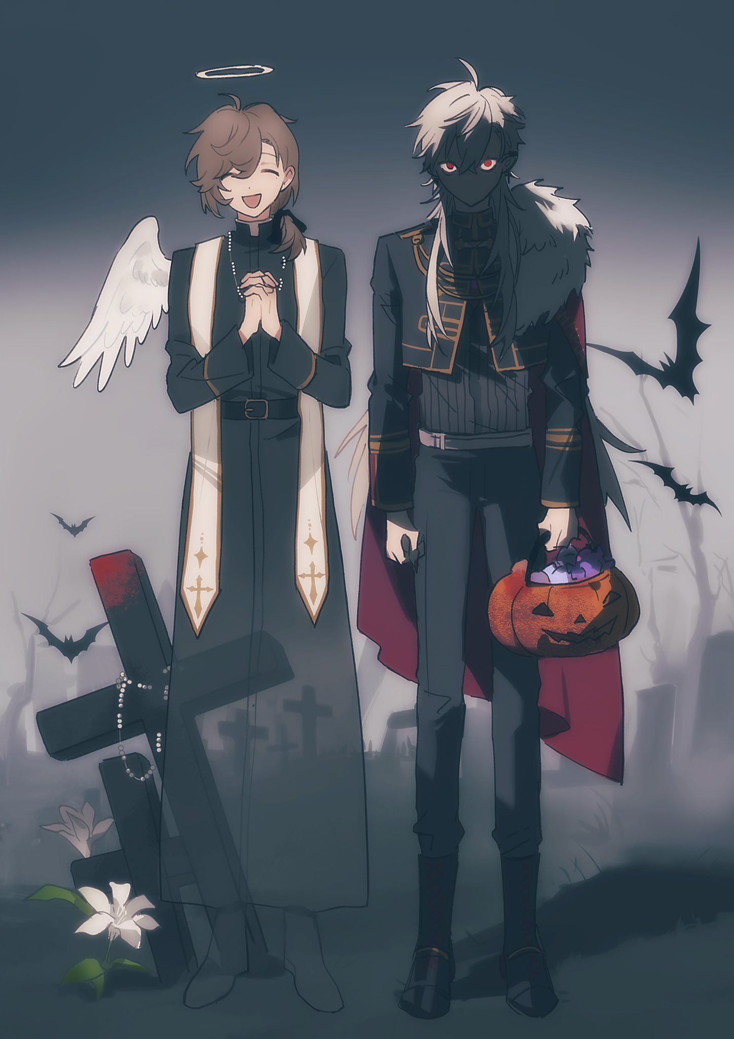 Safebooru - 2boys :d ^ ^ abbitr2 ahoge aiguillette angel wings arms at sides bare tree bat ...