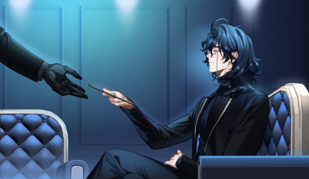 Safebooru - 2boys ^ ^ ahoge armchair black gloves black hair black ...