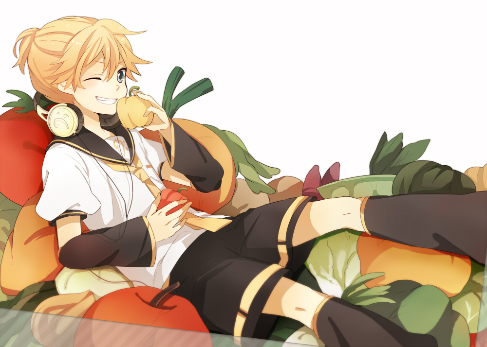 Safebooru - blonde hair blue eyes food fruit grin headphones kagamine ...