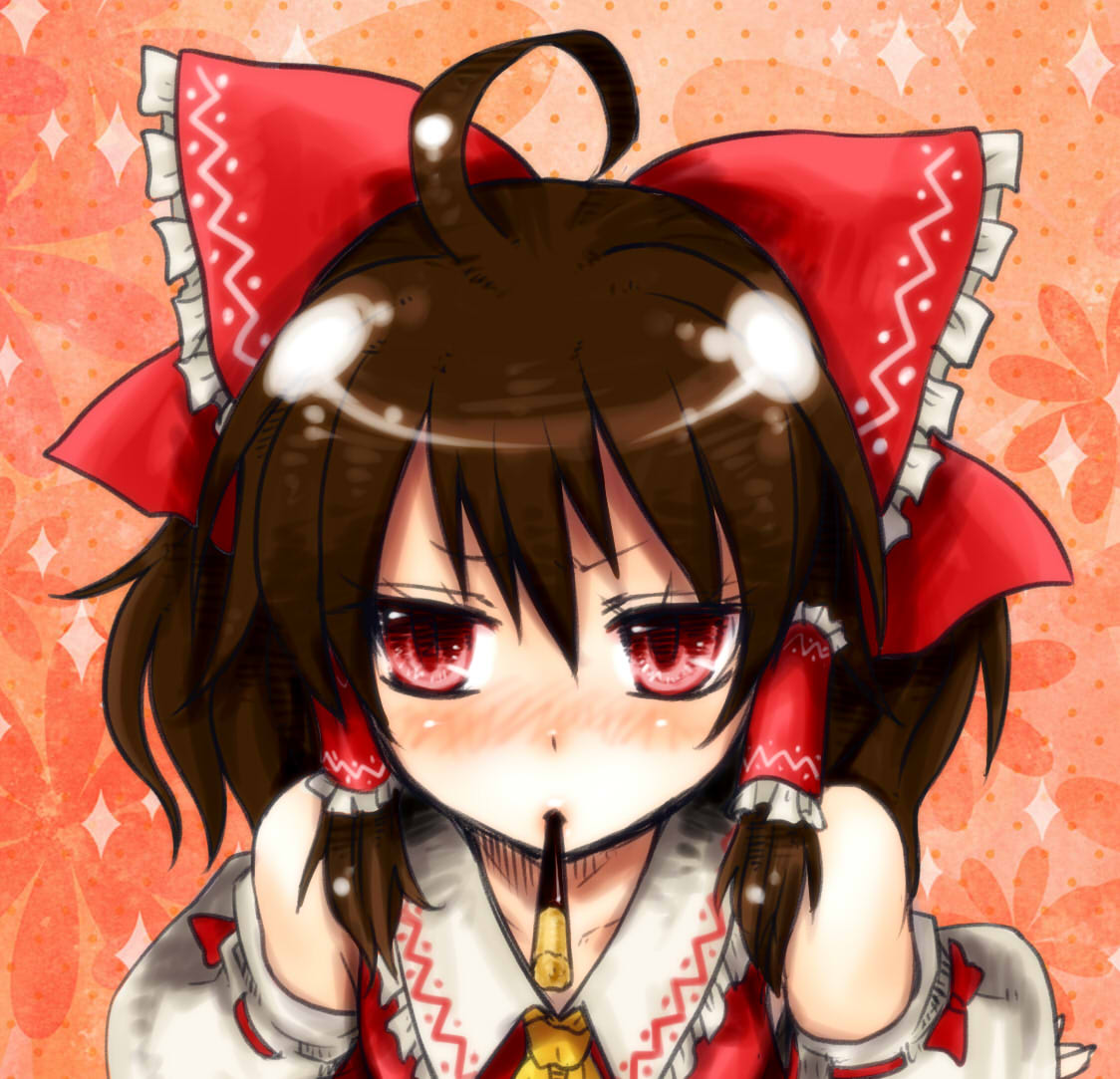 Safebooru - ahoge annoyed blush bow brown hair face from above frown h ...