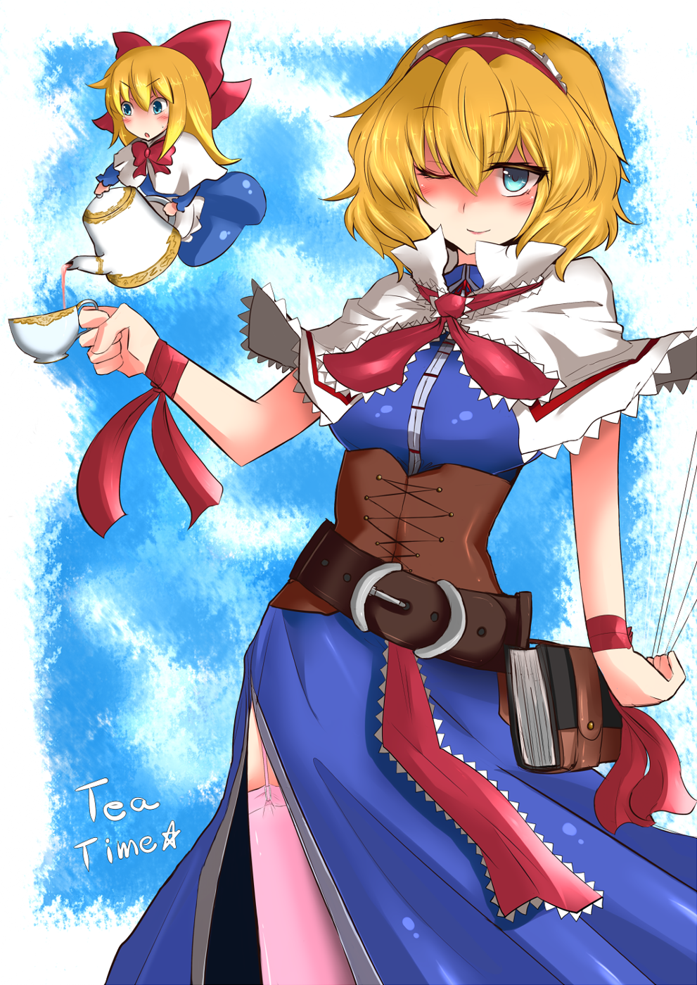 Safebooru - >:o ;) alice margatroid bangs belt blue background blue dress blush book bowtie ...