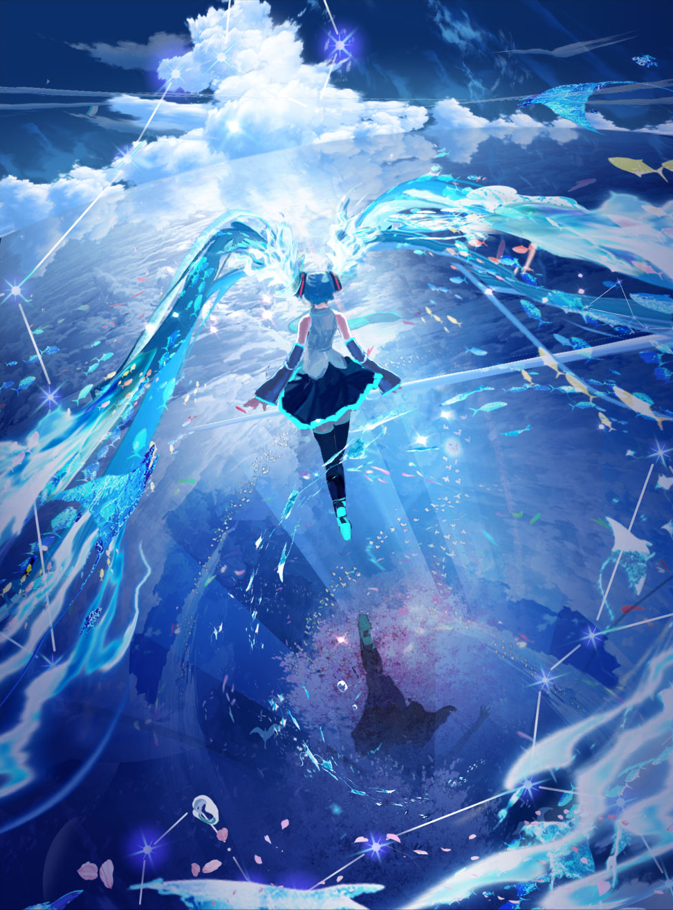 Safebooru - 1girl black thighhighs blue hair blue skirt blue sky blue sleeves clouds detached ...