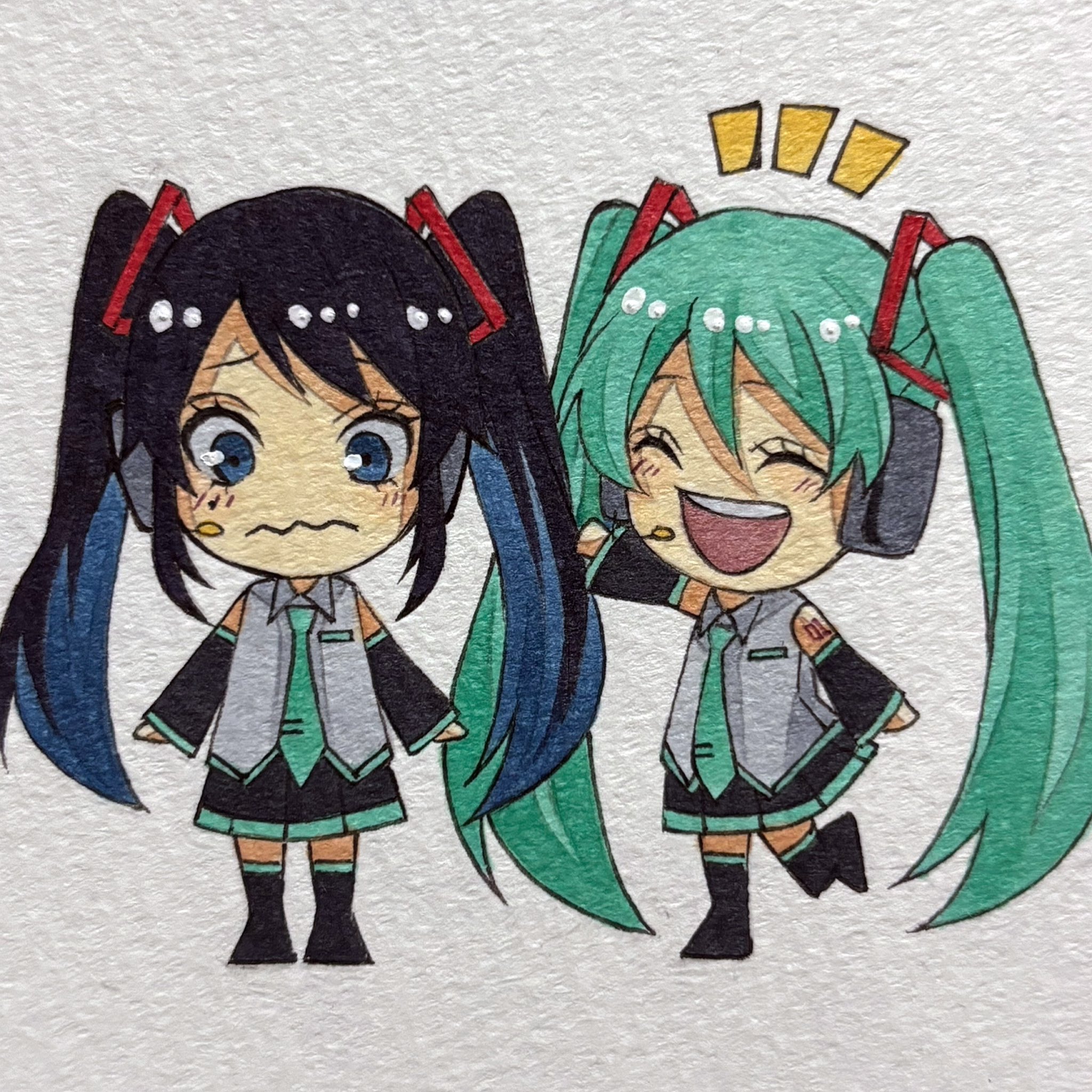 Safebooru - 2girls ^ ^ ado (utaite) aqua hair aqua necktie arm up black footwear black hair ...