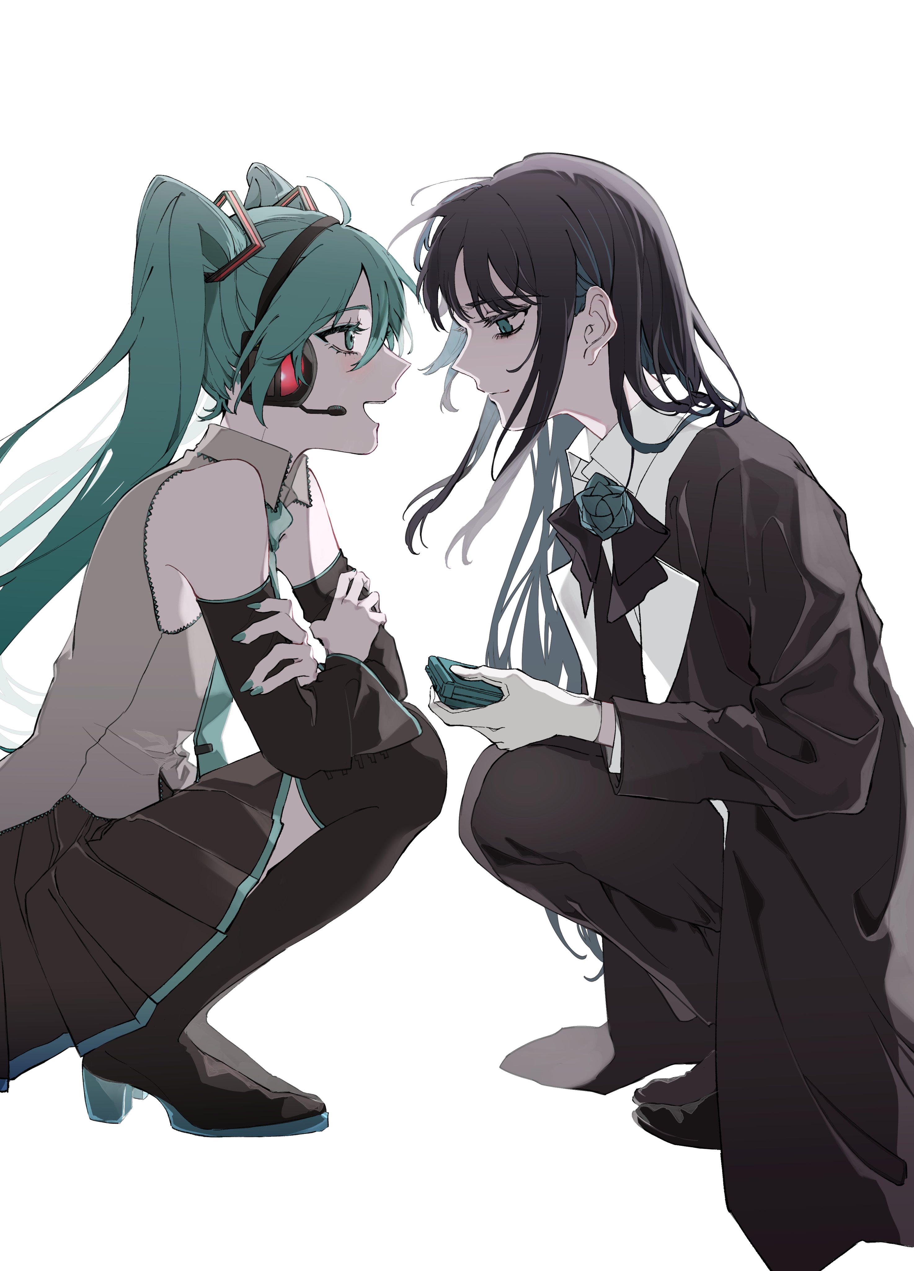 Safebooru - 2girls absurdres ado (utaite) aqua eyes aqua hair aqua nails aqua necktie bag charm ...