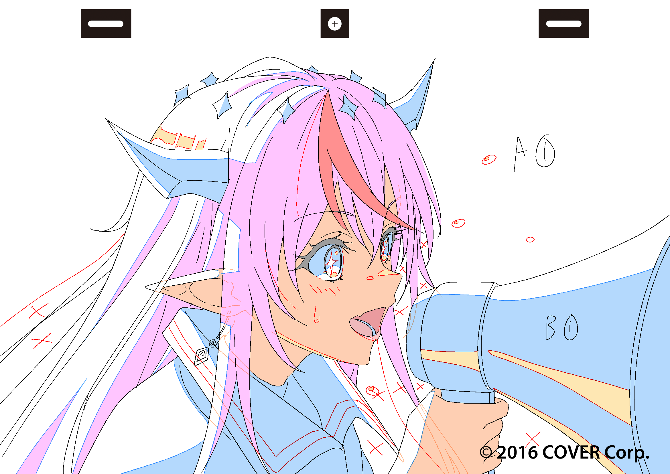 Safebooru - 1girl :d cape copyright notice double-parted bangs earrings ...