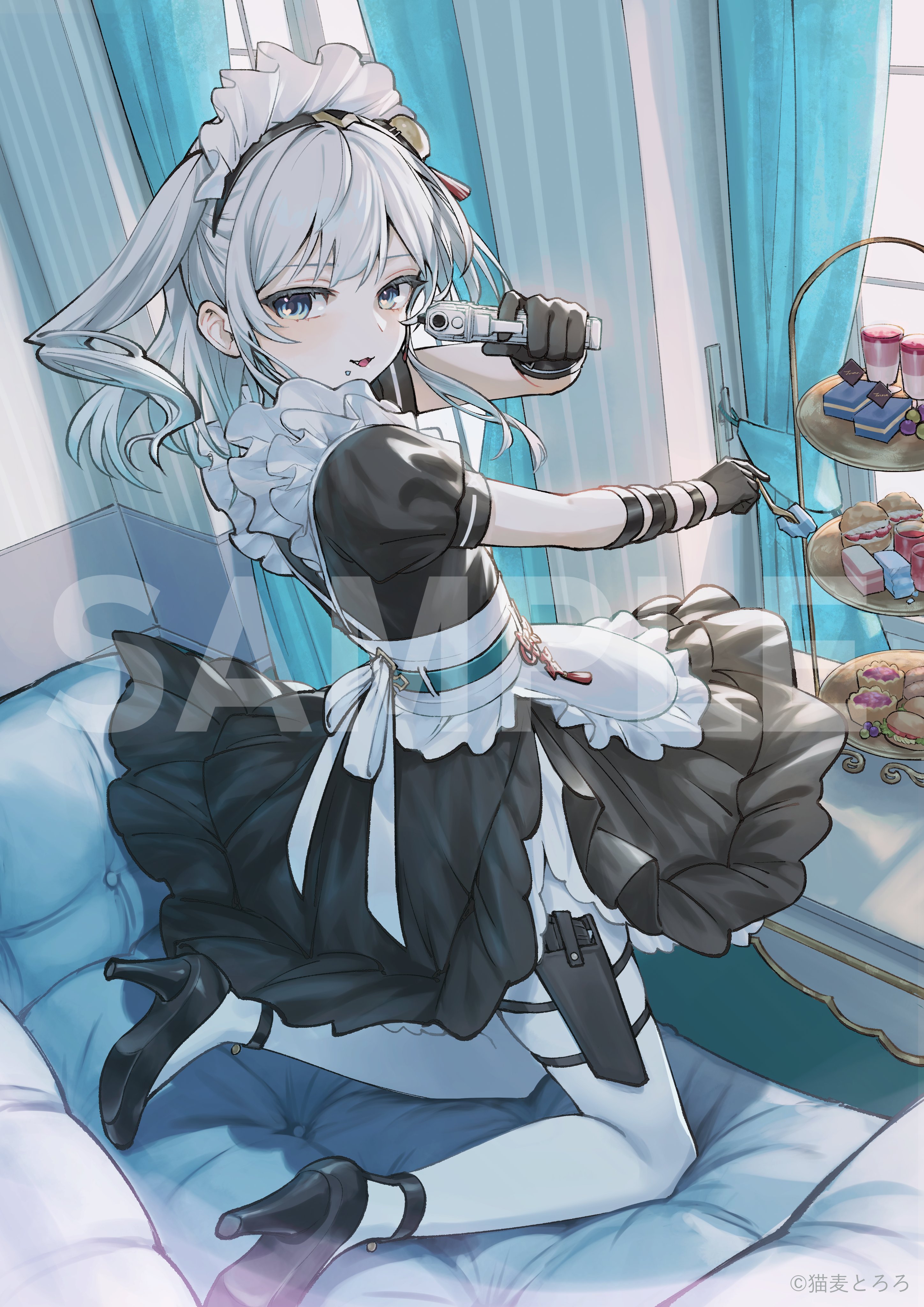 Safebooru - 1girl absurdres aiming aiming at viewer alternate costume apron arm strap belt black ...