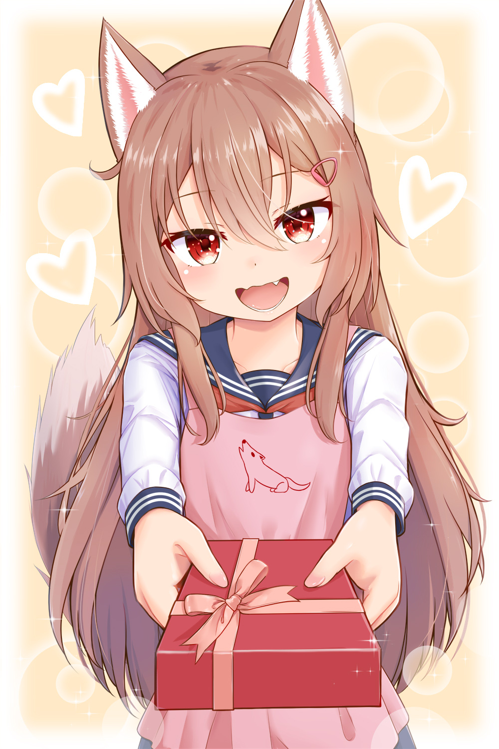 Safebooru - 1girl :d animal ears apron blue sailor collar box brown hair fang gift gift box ...