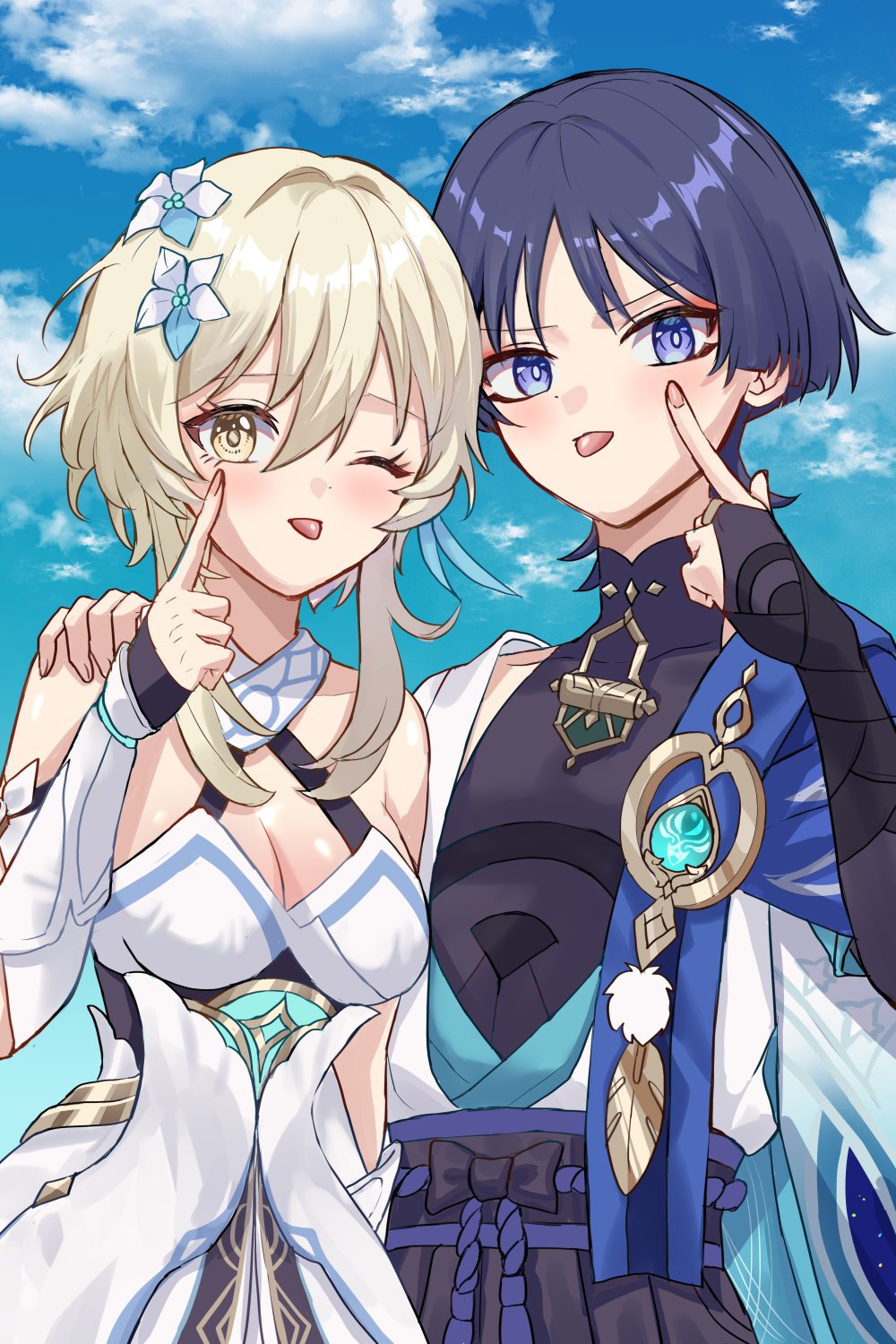 Safebooru - 1boy 1girl akanbe black hair black shorts blonde hair blush breasts closed mouth ...