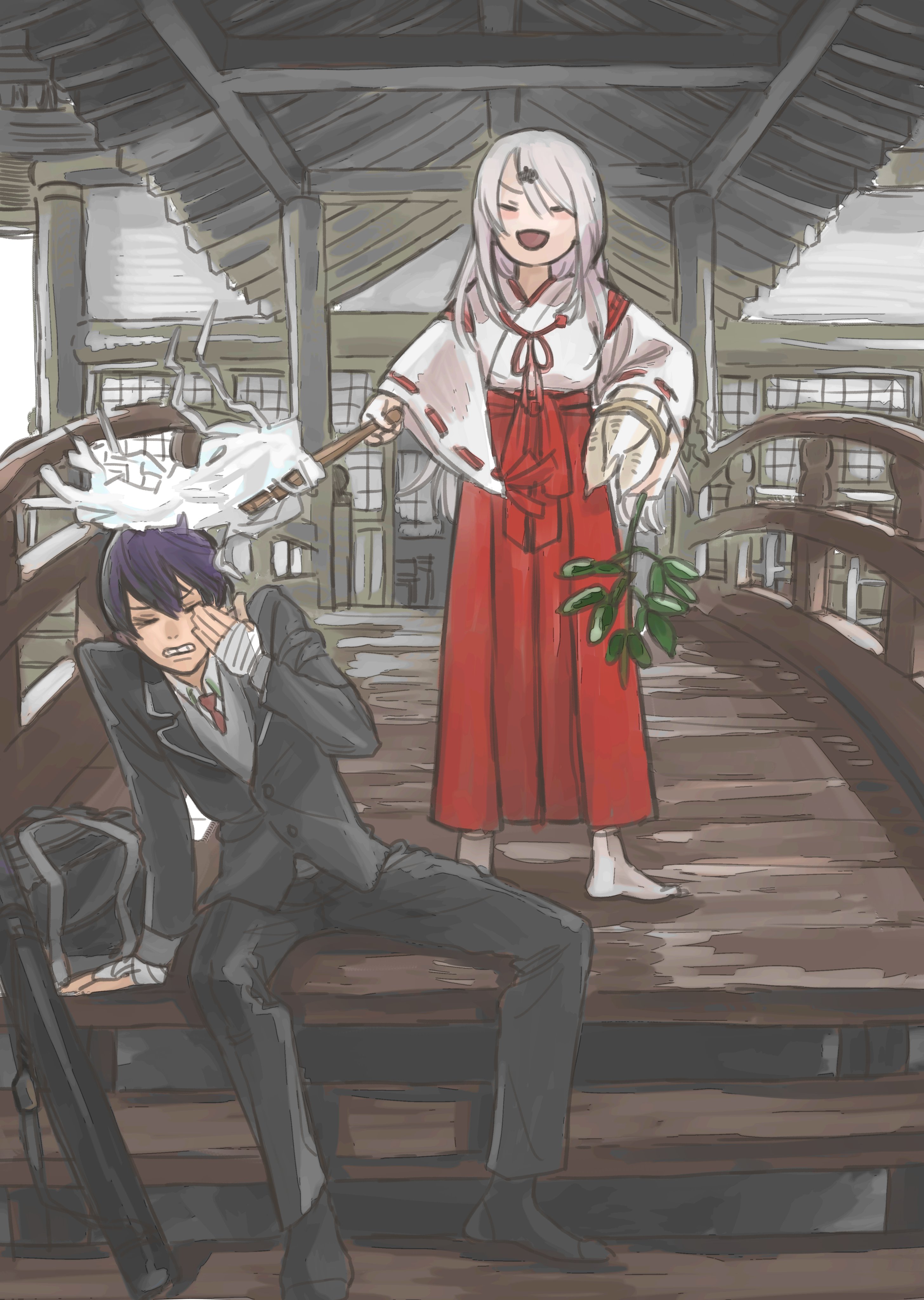 Safebooru - 1boy 1girl absurdres arm support bag black jacket black pants black socks bridge ...