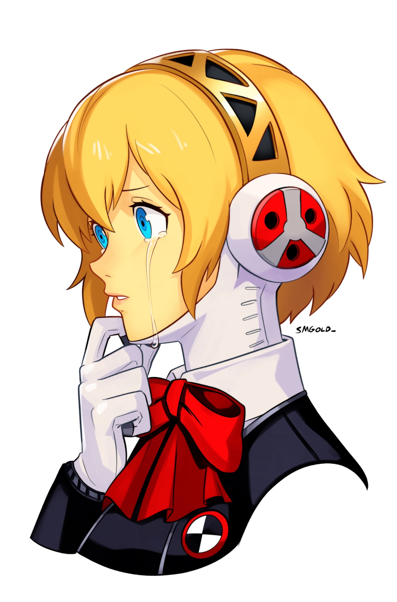 Safebooru - 1girl aegis (persona) android artist name blonde hair blue eyes bow bowtie crying ...