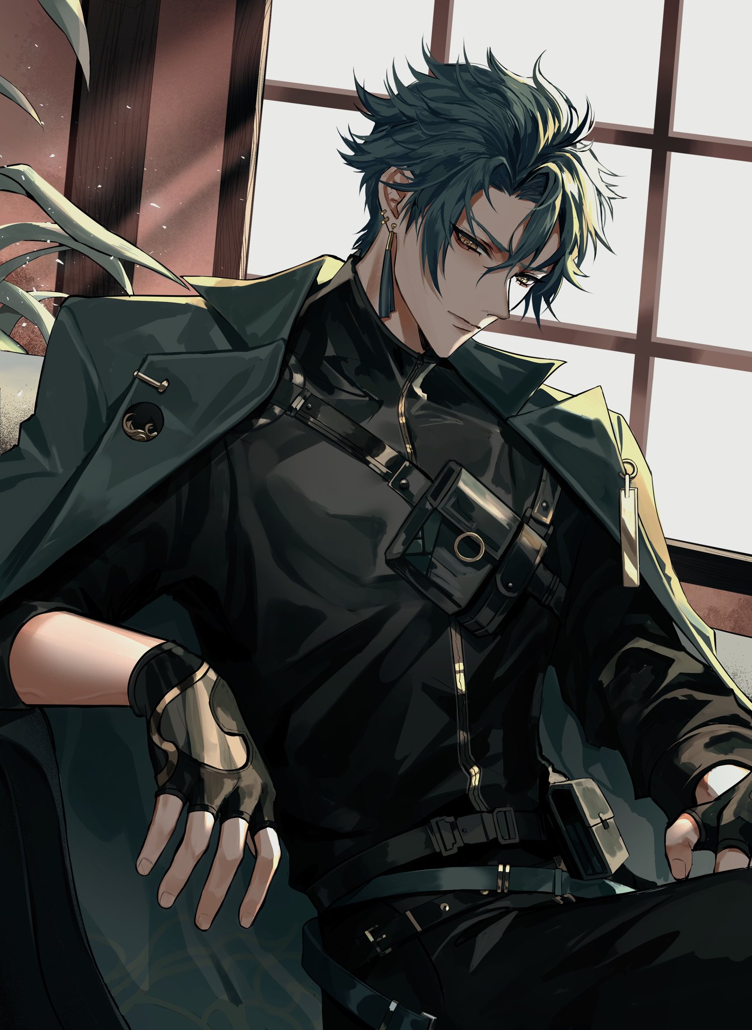 Safebooru - 1boy black gloves black shirt closed mouth commentary earrings fingerless gloves ...