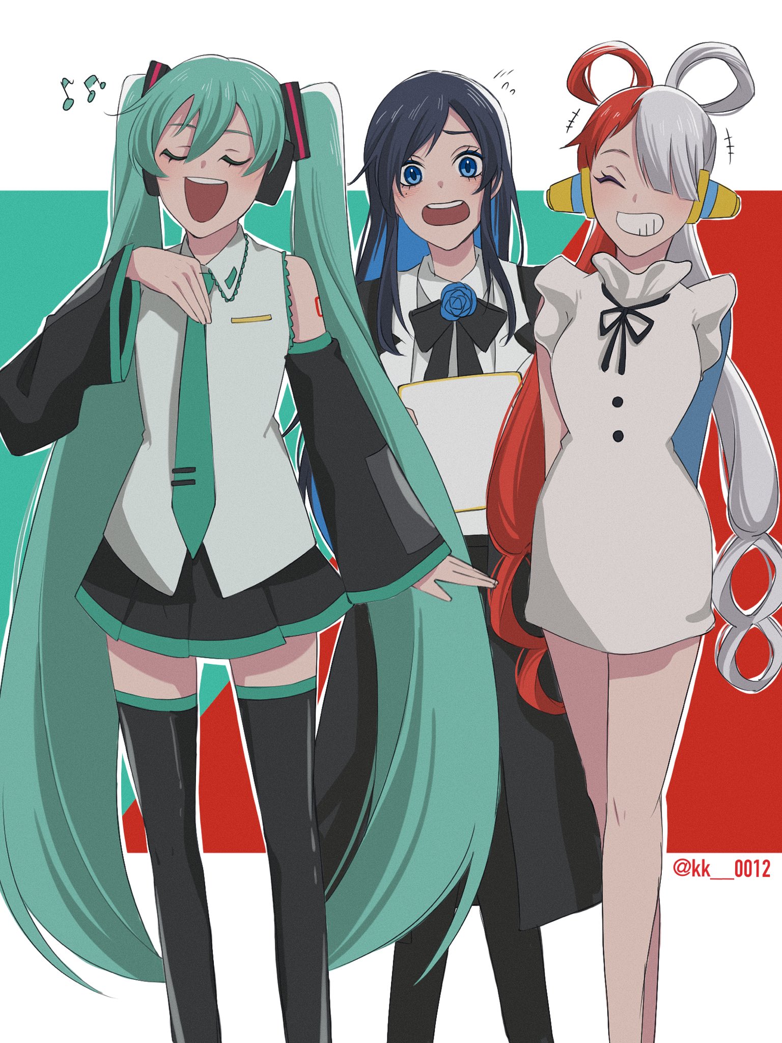 Safebooru - 3girls ^ ^ ado (utaite) aqua hair aqua necktie behind-the-head headphones black bow ...