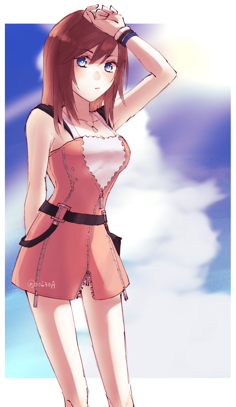 Safebooru - belt black belt blue eyes blue sky border breasts closed mouth clouds collarbone ...
