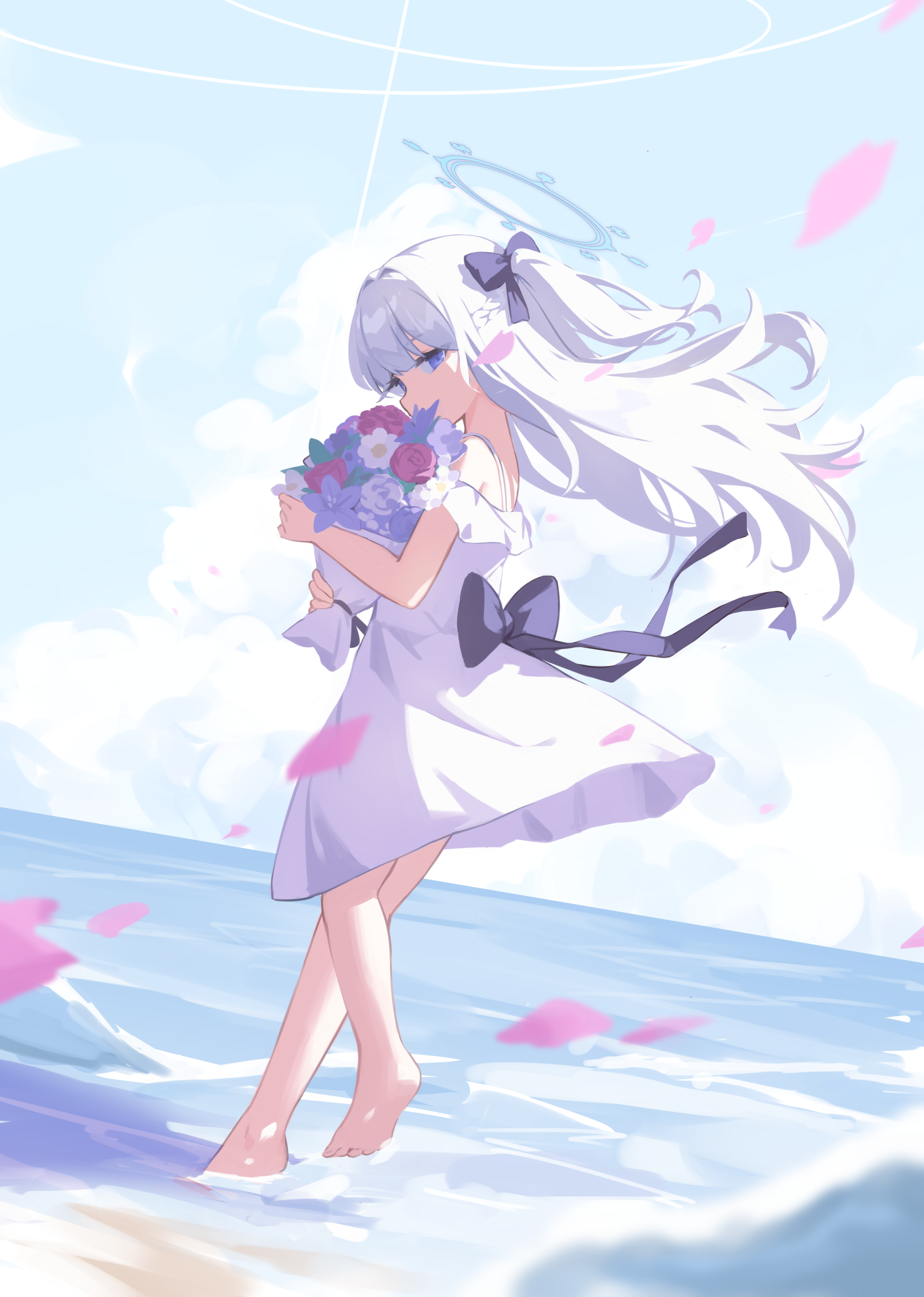 Safebooru - 1girl absurdres alternate costume back bow barefoot black bow blue archive blue eyes ...